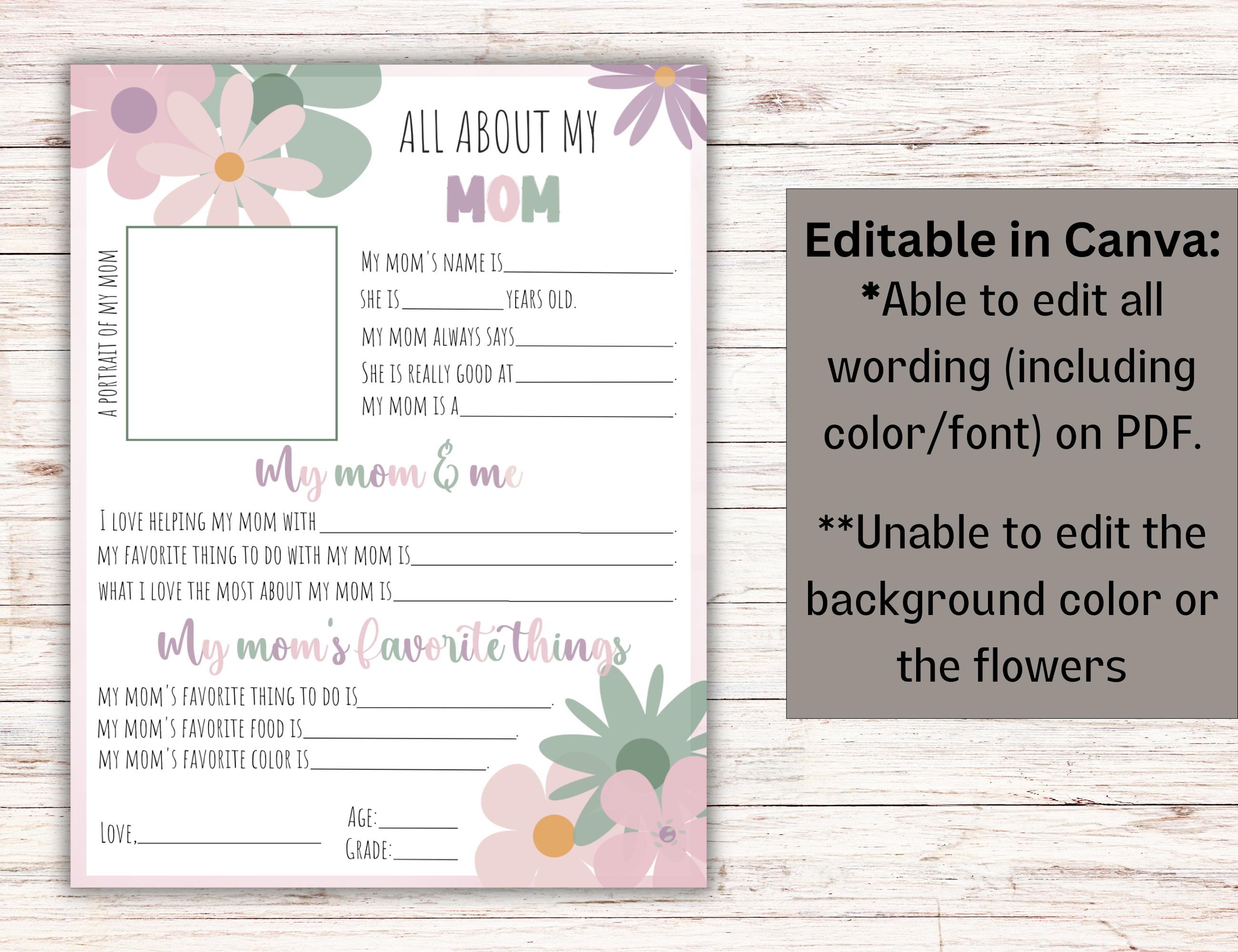 All About Mom Printable, Mother's Day Questionnaire, Editable Canva ...