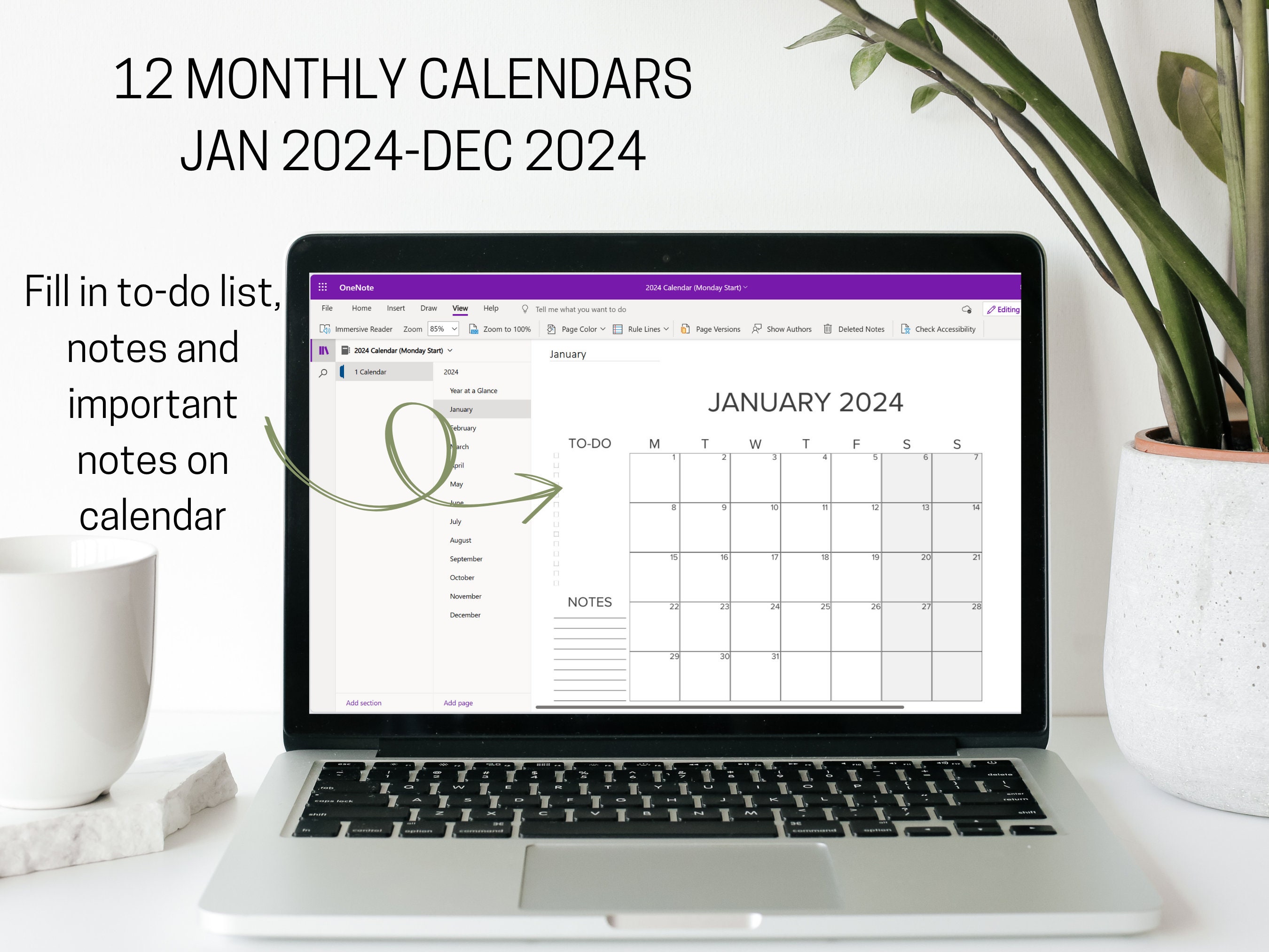 Onenote 2024 Monthly Calendar Monday Start, Year at a Glance, Calendar ...
