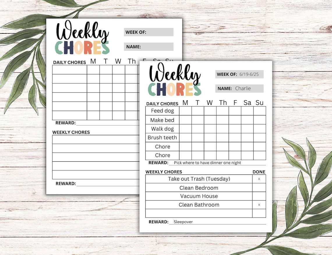 Chore Chart for Kids, Weekly Chore Chart, Daily Chore Chart, Chore ...