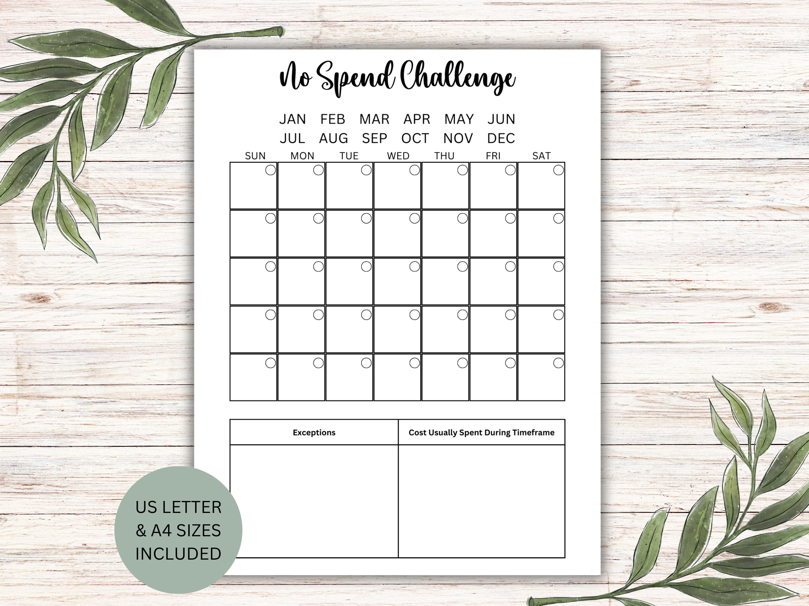 No Spend Challenge Tracker: Simple Budget Calendar (printable, Instant ...