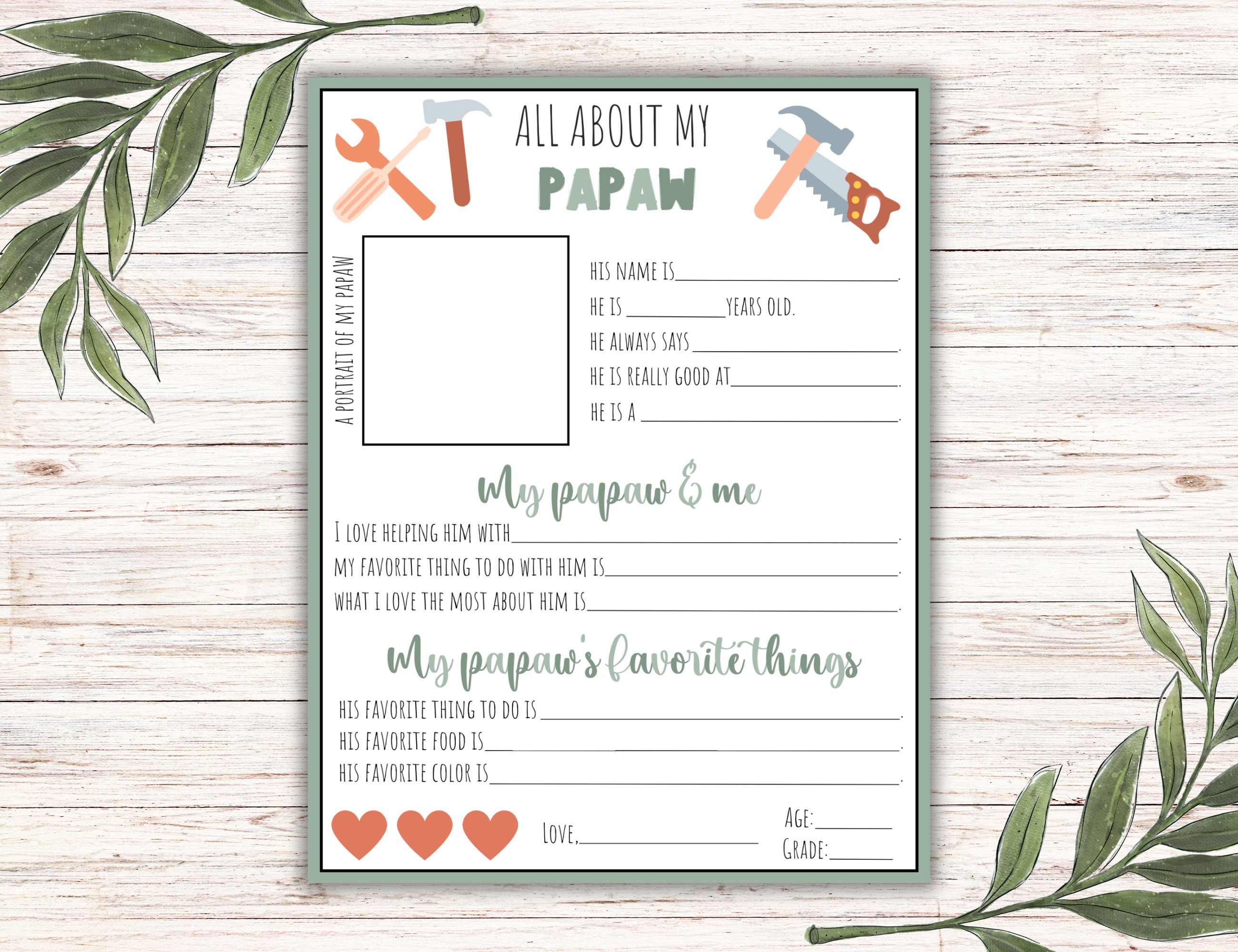 All About My Papaw Printable, Personalized Gift for Grandpa, Papaw ...