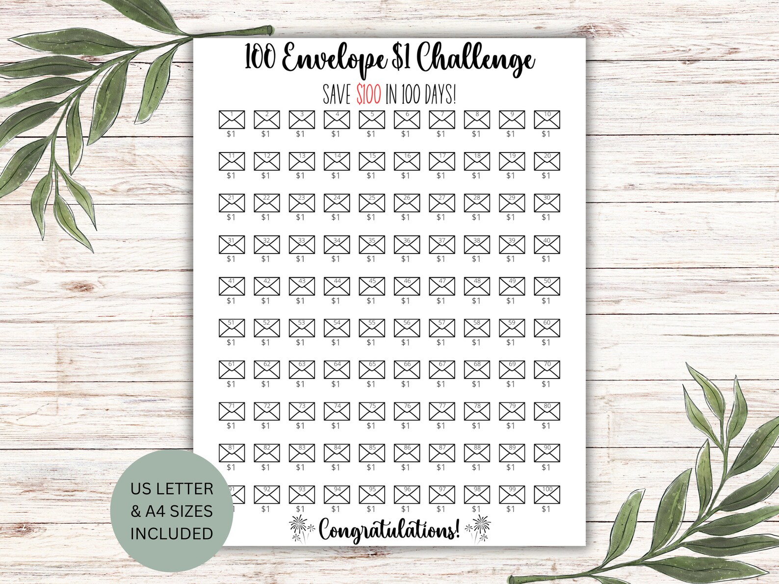 100 Envelope Challenge Printable, 100 Day Savings, 1 Dollar a Day ...