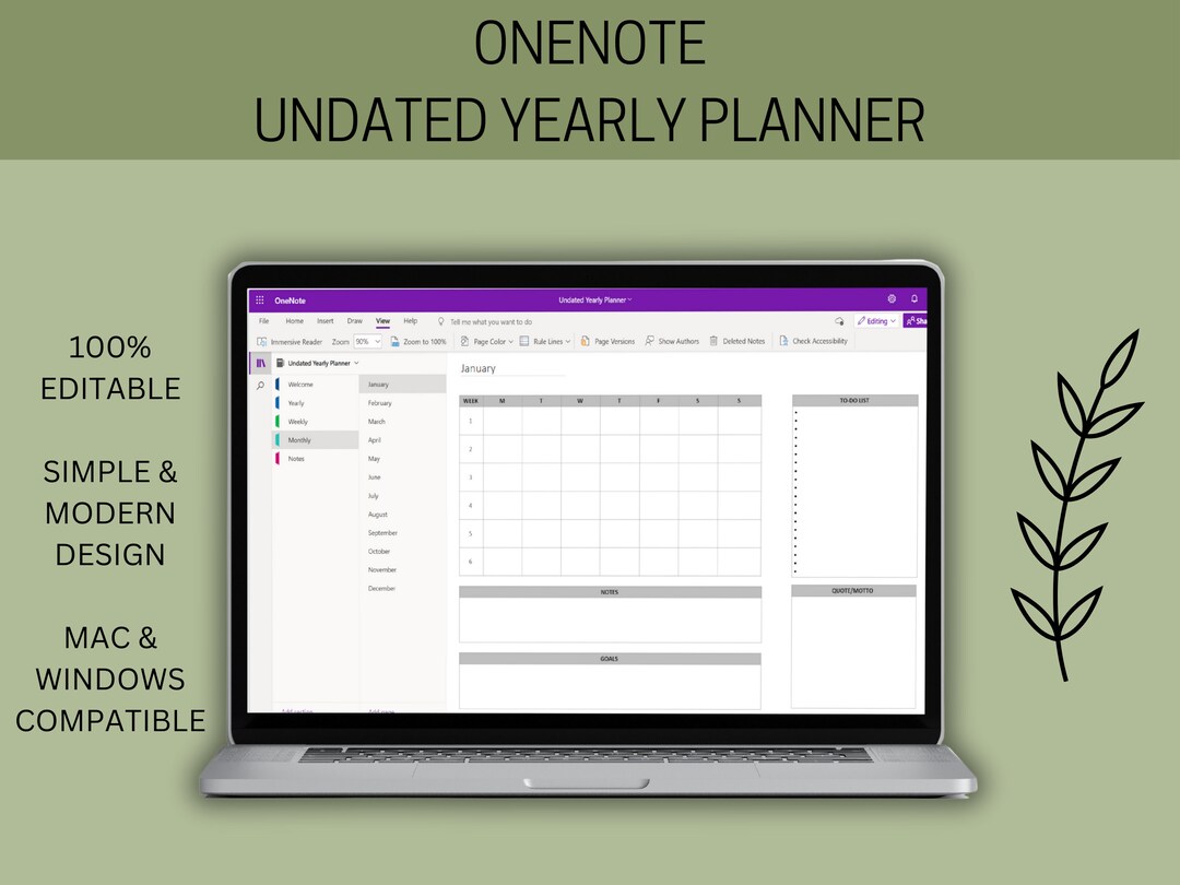 Onenote Undated Yearly Calendar, Onenote Digital Planner, Planner for ...