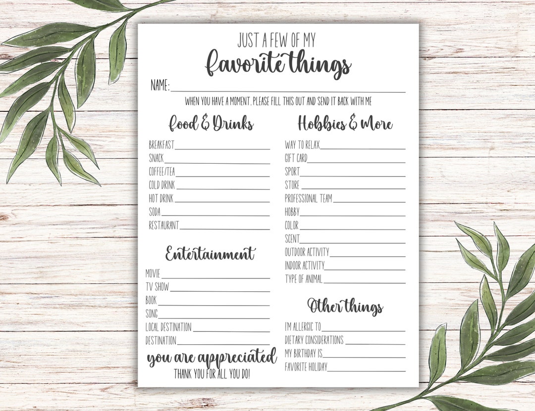 Favorites Survey, Printable, Questionnaire, My Favorite Things, Get to ...