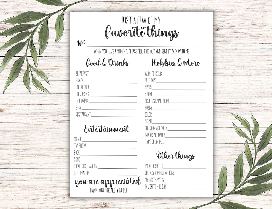 Favorites Survey Printable: Teacher & Staff Appreciation (PDF) - Etsy