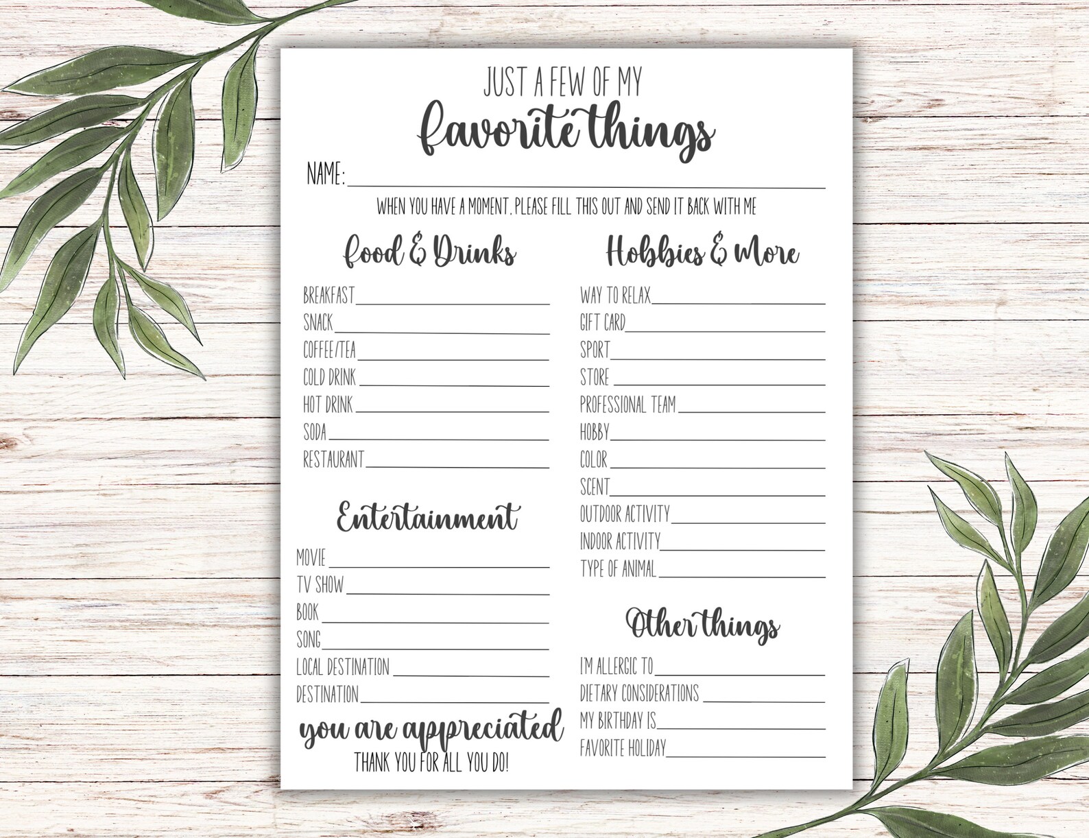 Favorites Survey Printable: Teacher & Staff Appreciation (PDF) - Etsy