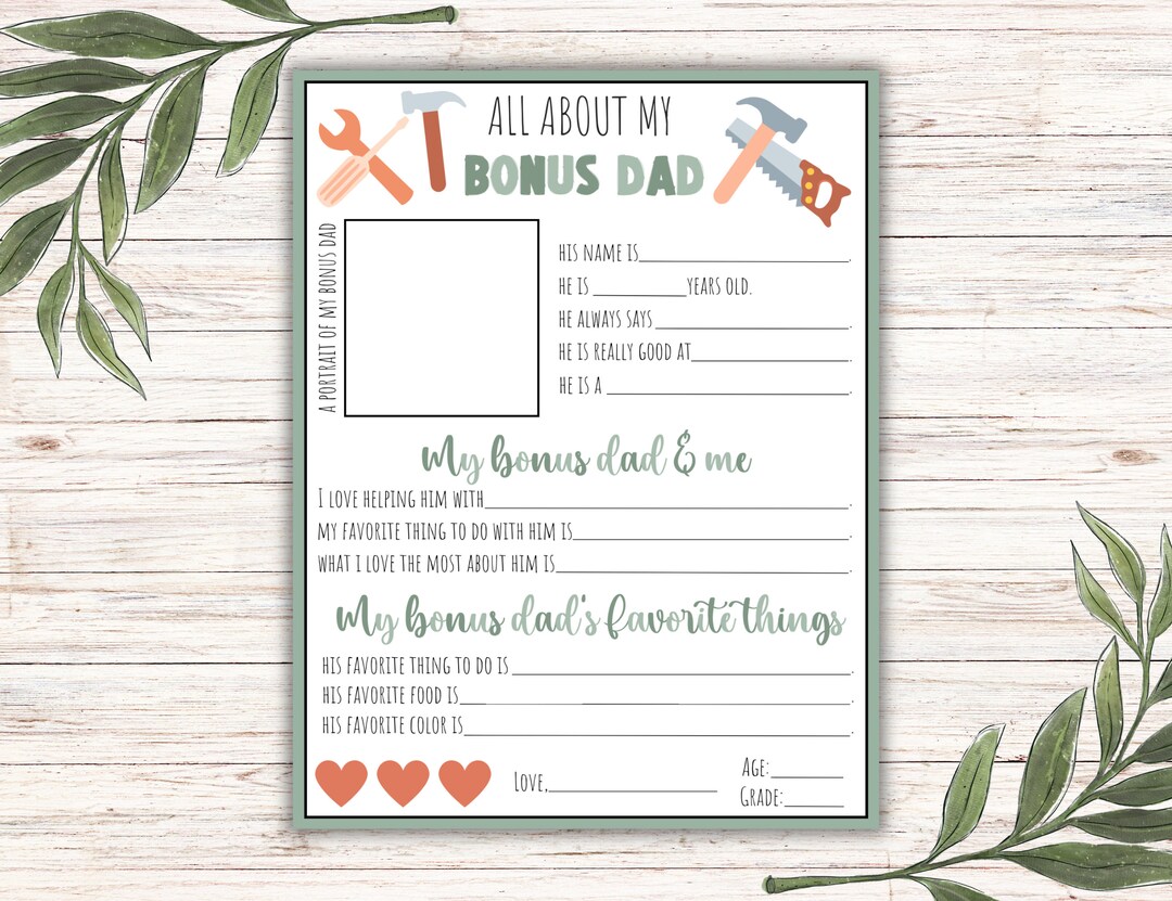 All About My Bonus Dad Printable, Personalized Gift for Dad, Fill in ...
