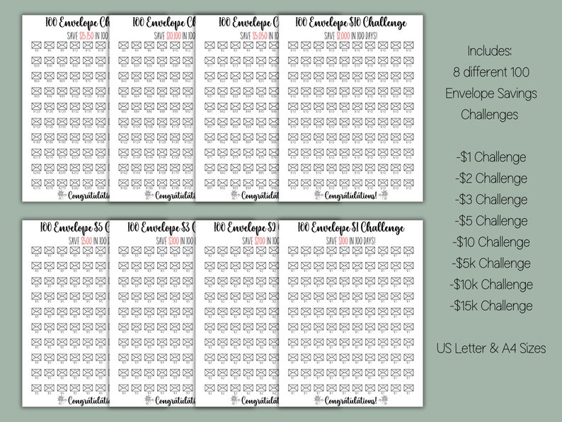 Savings Challenge Printable Bundle: 52 Week, 100 Envelope, 30 Day (PDF ...