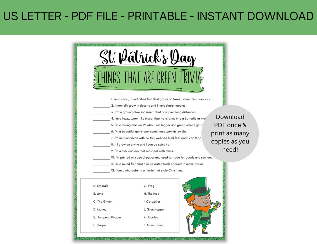 St Patricks Day Trivia Game: Things That Are Green (printable PDF) - Etsy