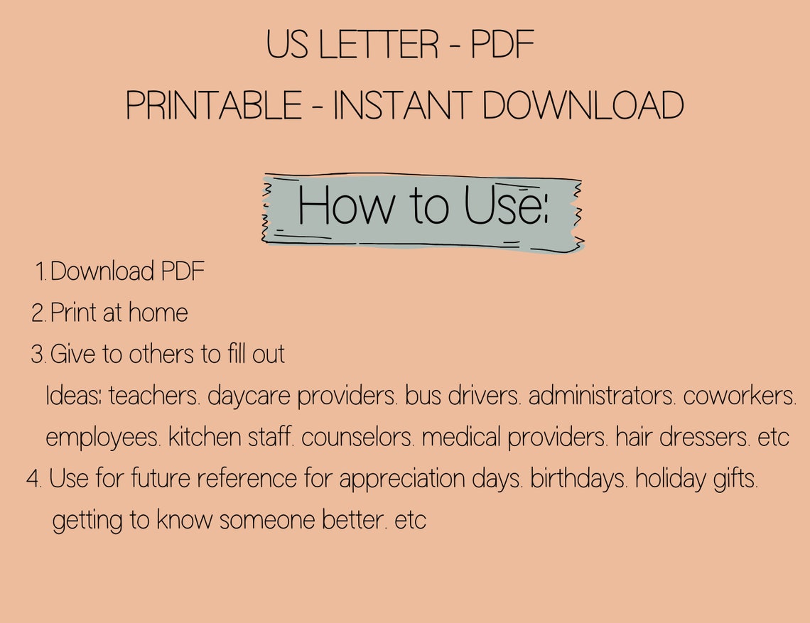 Favorites Survey Printable: Teacher & Staff Appreciation (PDF) - Etsy