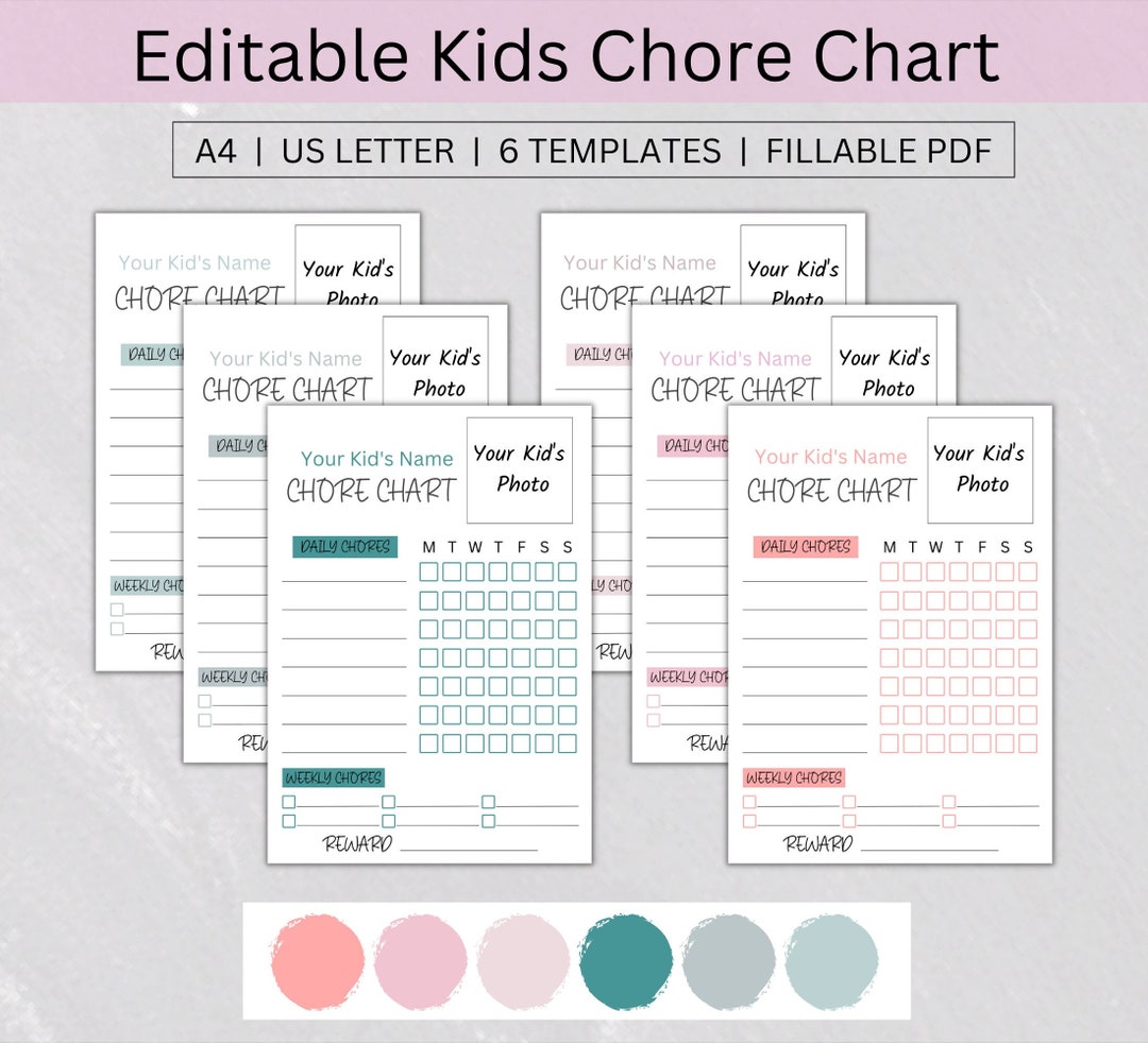 Editable Kids Chore Chart With Photo Printable Reward Chart, 6 Colors ...