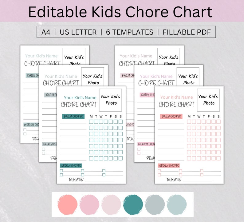 Editable Kids Chore Chart With Photo Printable Reward Chart, 6 Colors ...