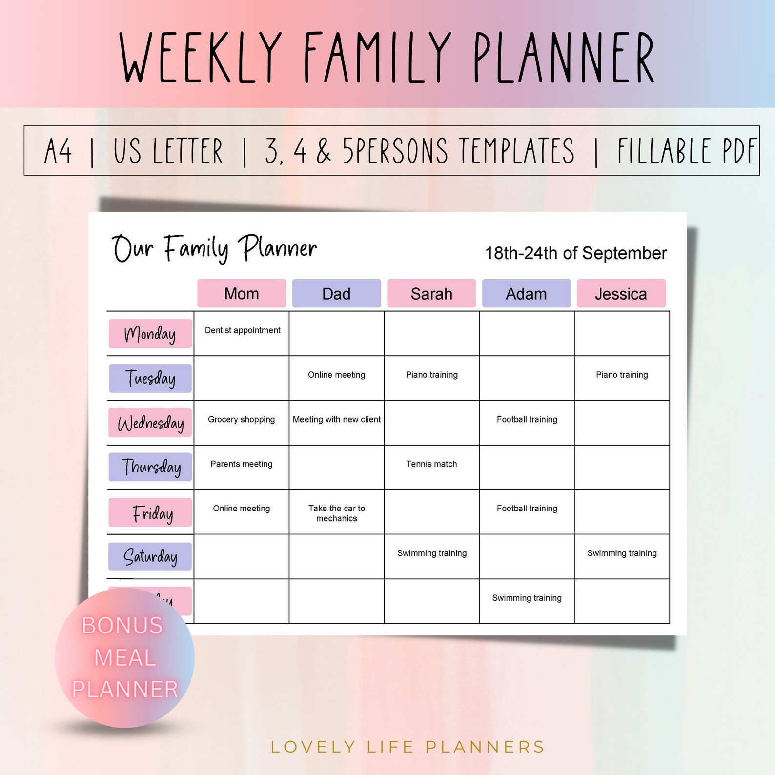 Weekly Family Planner Printable Family Calendar Editable Family ...