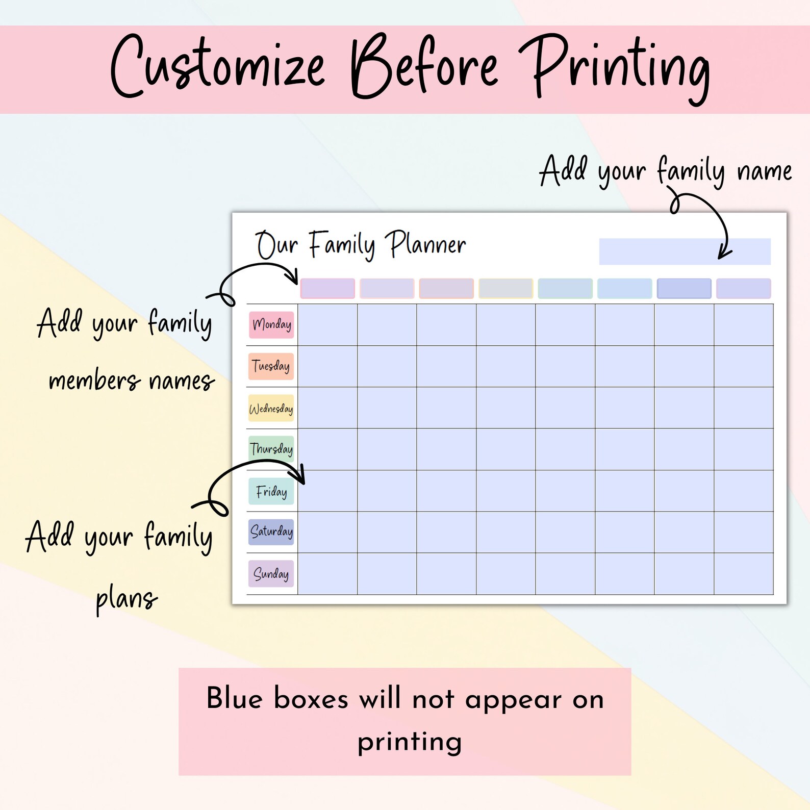 Weekly Big Family of 8 Planner Editable Busy Family Calendar Printable ...