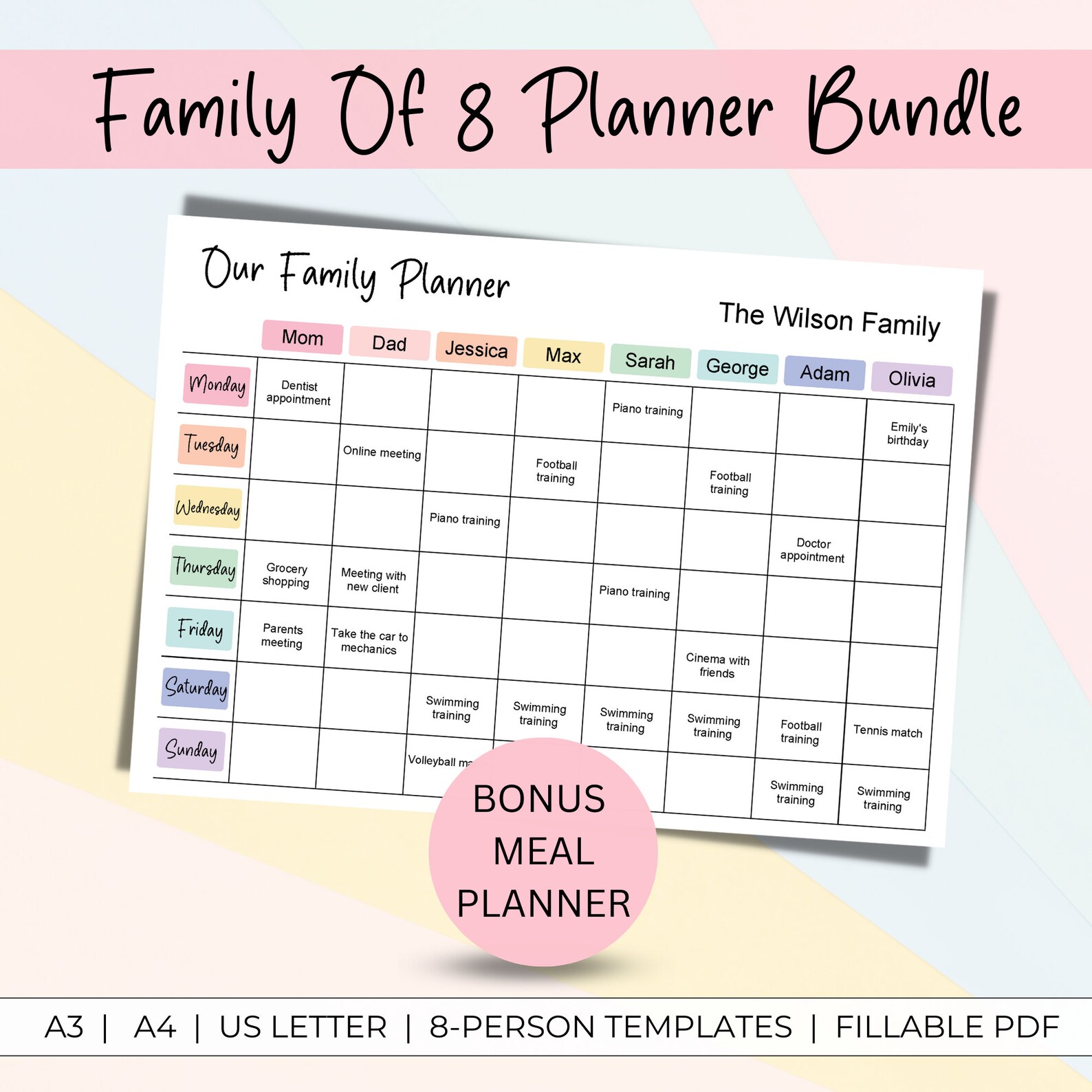 Weekly Big Family of 8 Planner Editable Busy Family Calendar Printable ...