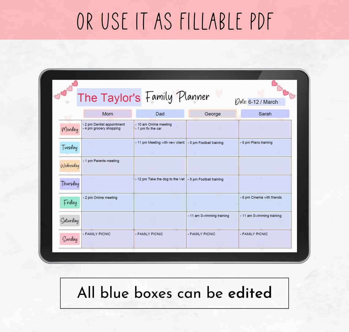 Editable Weekly Family Planner Template Printable Family Calendar ...