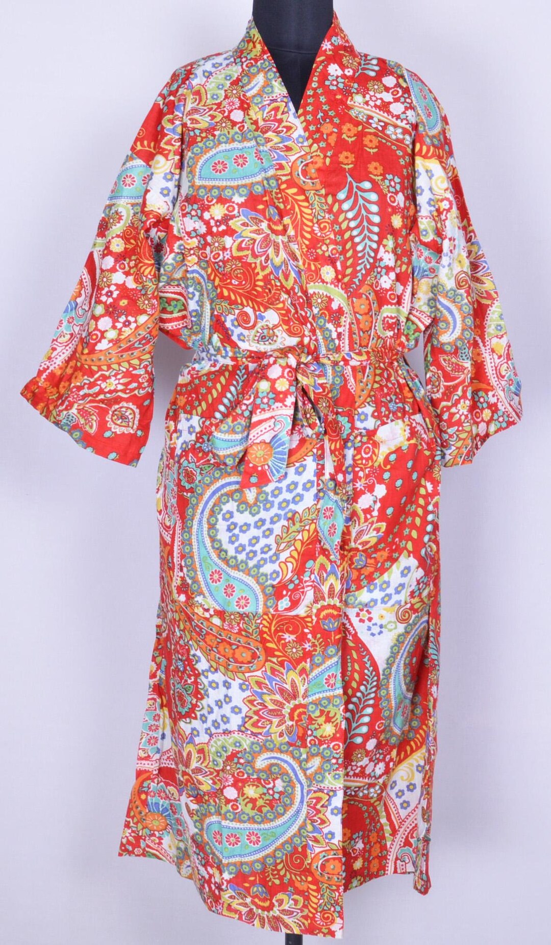 Red Paisley Print Cotton Kimono Robes, Night Dress Kimono, Soft and ...