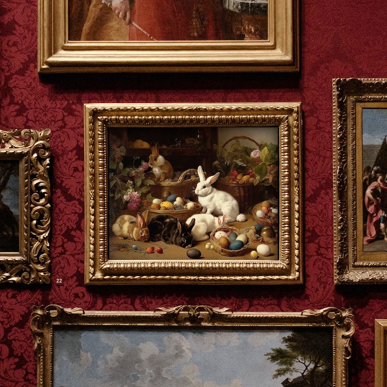 Antique Rabbits Oil Painting | Rustic Country Kitchen Decor | Family of ...