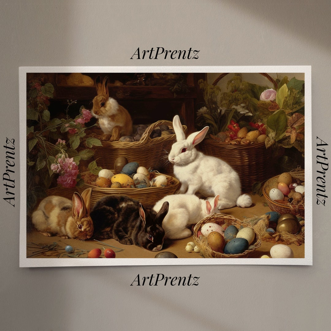 Antique Rabbits Oil Painting | Rustic Country Kitchen Decor | Family of ...