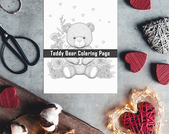 Valentine Teddy Bear Coloring Page | Kids Activity Printable (instant ...