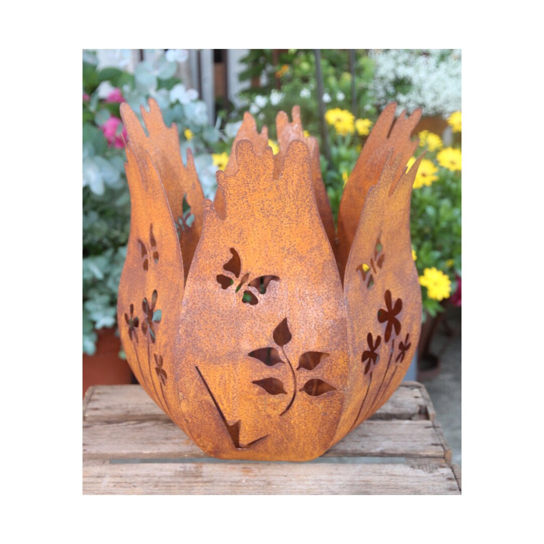 Rusty Metal Windlight XL With Flowers and Butterflies, Garden ...