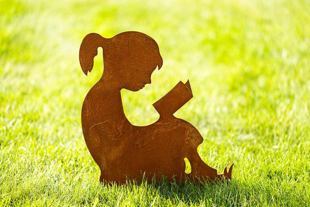 Reading Girl Rust Garden Stake Garden Decoration Made of Rust Metal ...