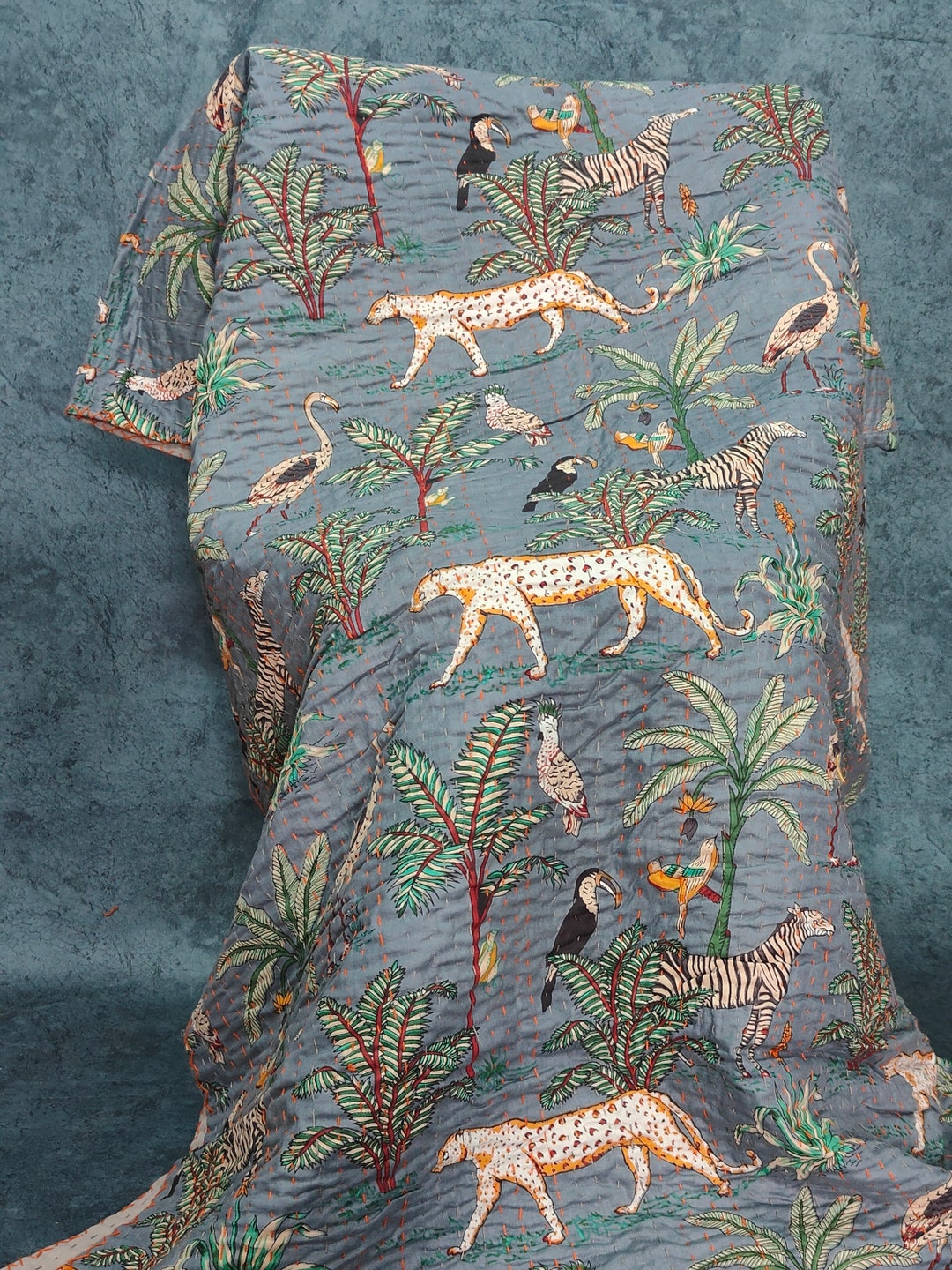 Animal Print Indian Kantha Quilt,floral Print,hand Stitch,kantha ...