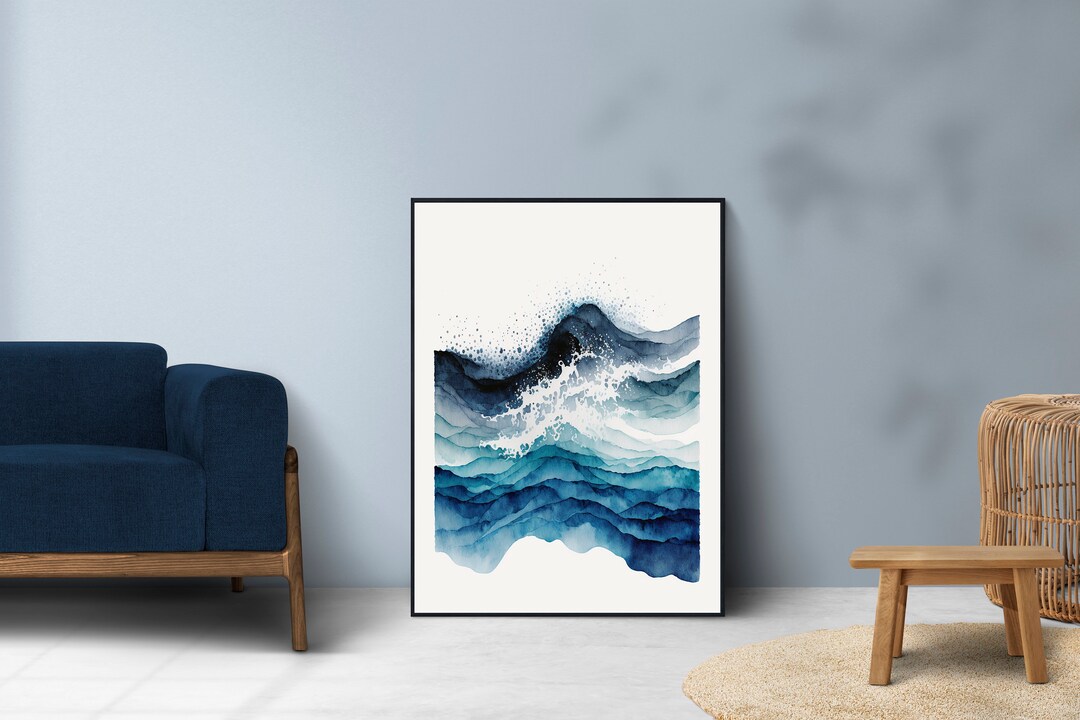 Gradient Blue Waves Murals Set 8 Pieces, Watercolor, High Quality ...