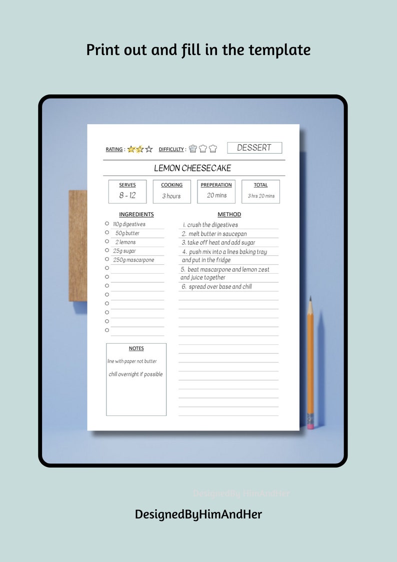 Recipe Template for Organized Cooking. Digital Printable Template. Time ...