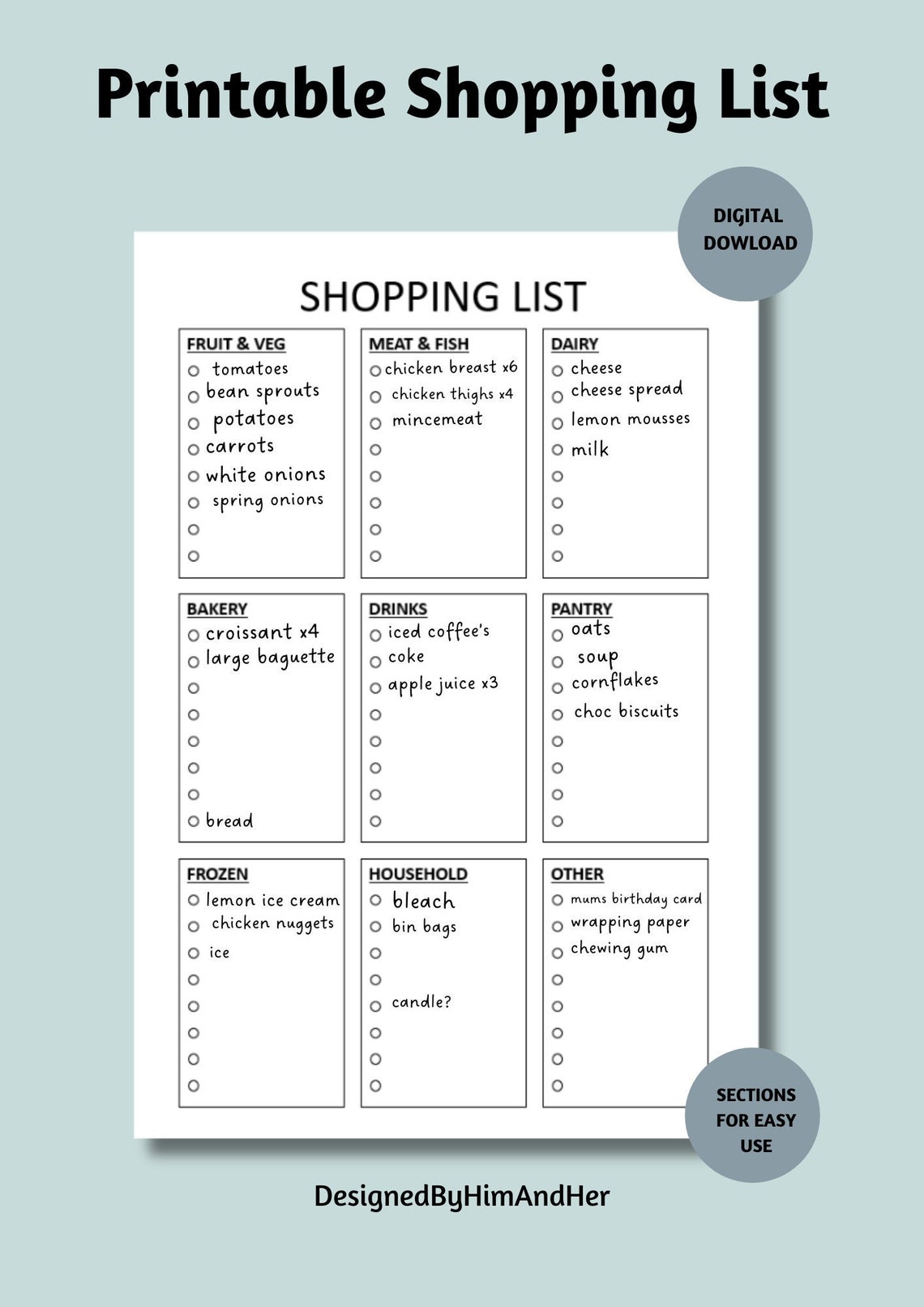 Printable Shopping List With Sections. Categorized Grocery List ...