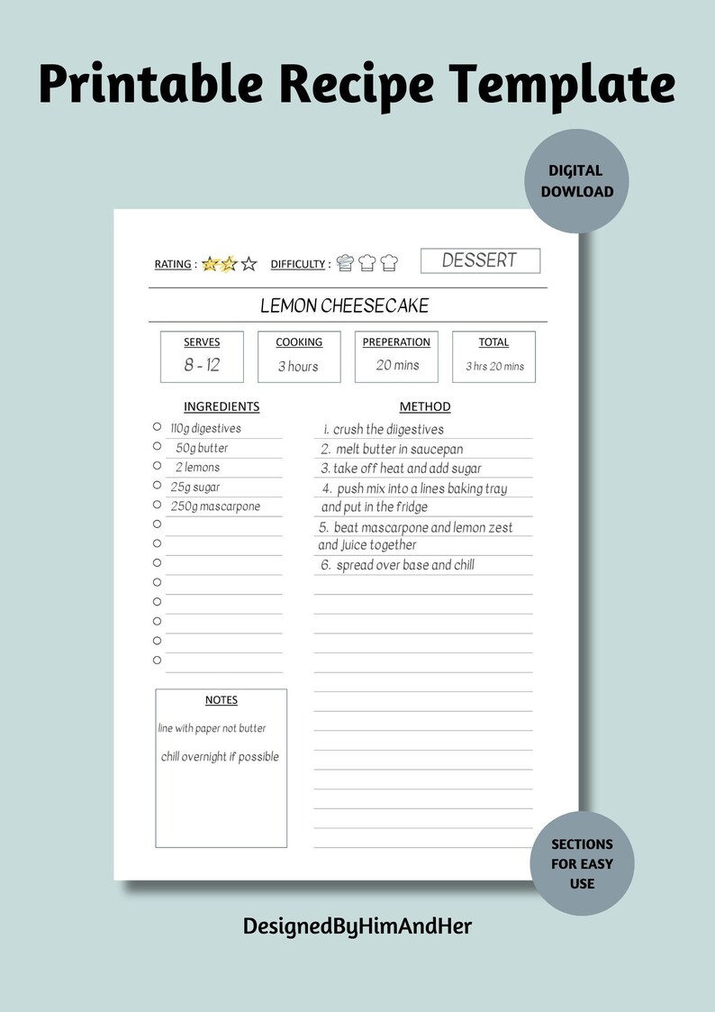 Recipe Template for Organized Cooking. Digital Printable Template. Time ...