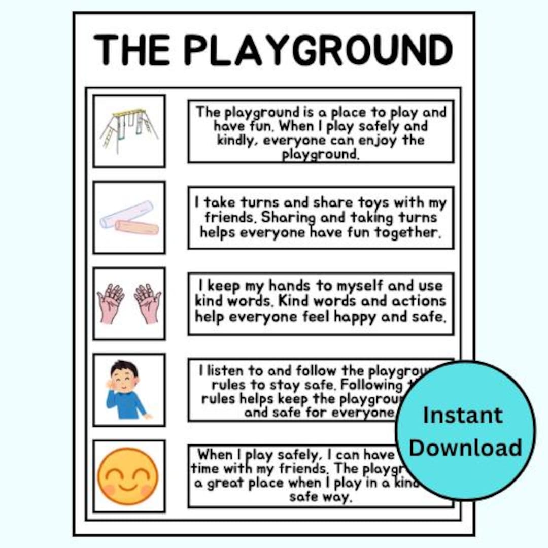 Playground Social Story | One-page Visual for Safe Play, Turn-taking ...