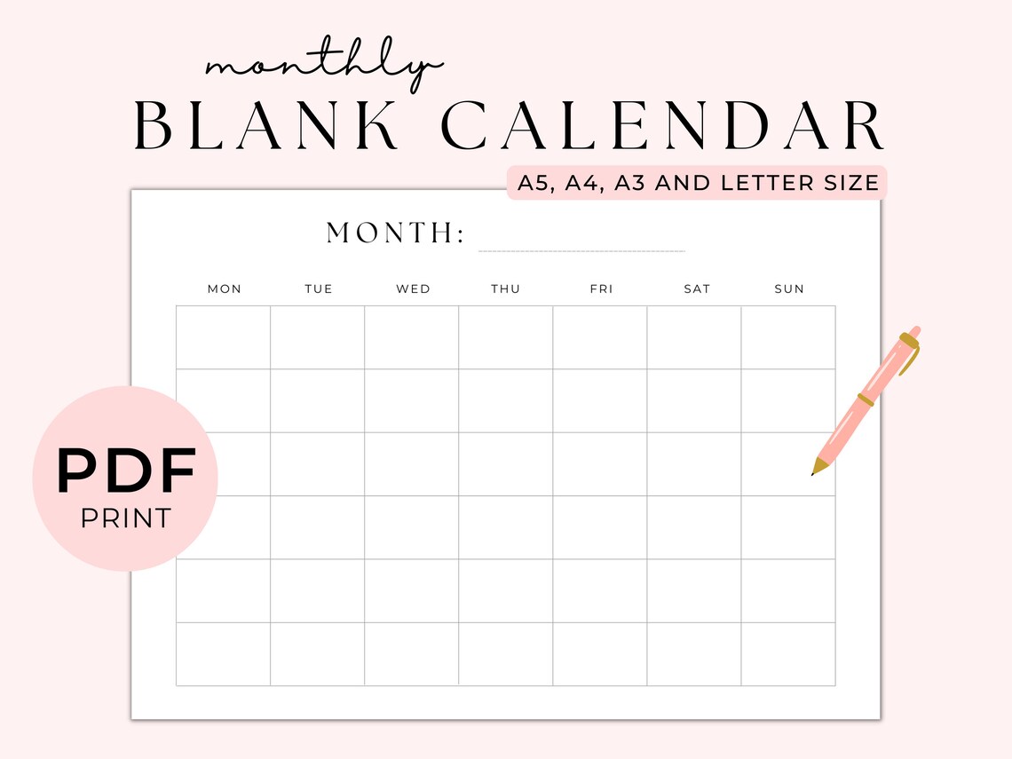 Blank Monthly Calendar Printable, Blank Calendar Page, Calendar ...