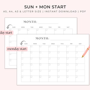 Blank Monthly Calendar Printable: Minimalist Landscape Layout (PDF) - Etsy