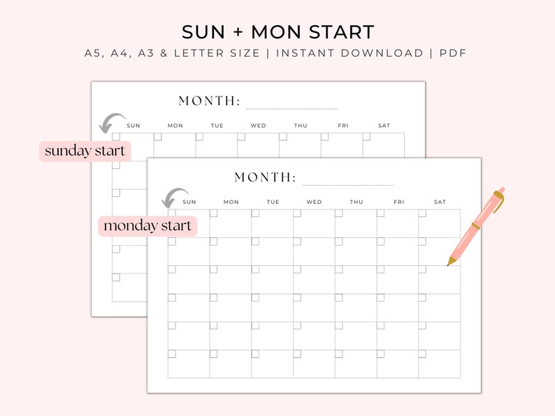 Blank Monthly Calendar Printable: Minimalist Landscape Layout (PDF) - Etsy