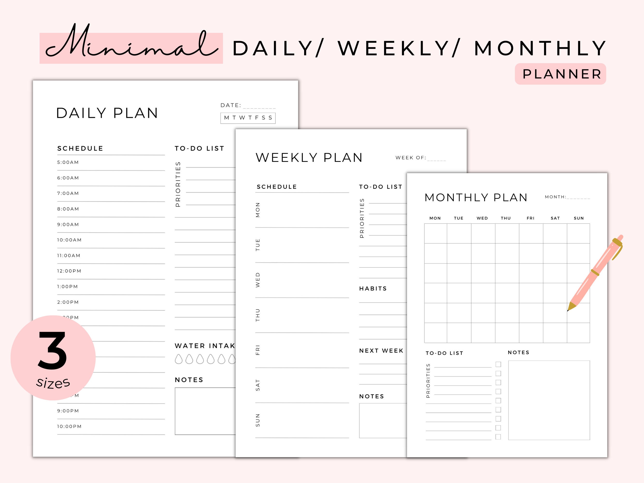Minimal Daily Weekly Monthly Planner Printable, Planner Bundle, Planner ...