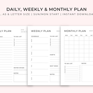 Minimal Daily Weekly Monthly Planner Printable, Planner Bundle, Planner ...