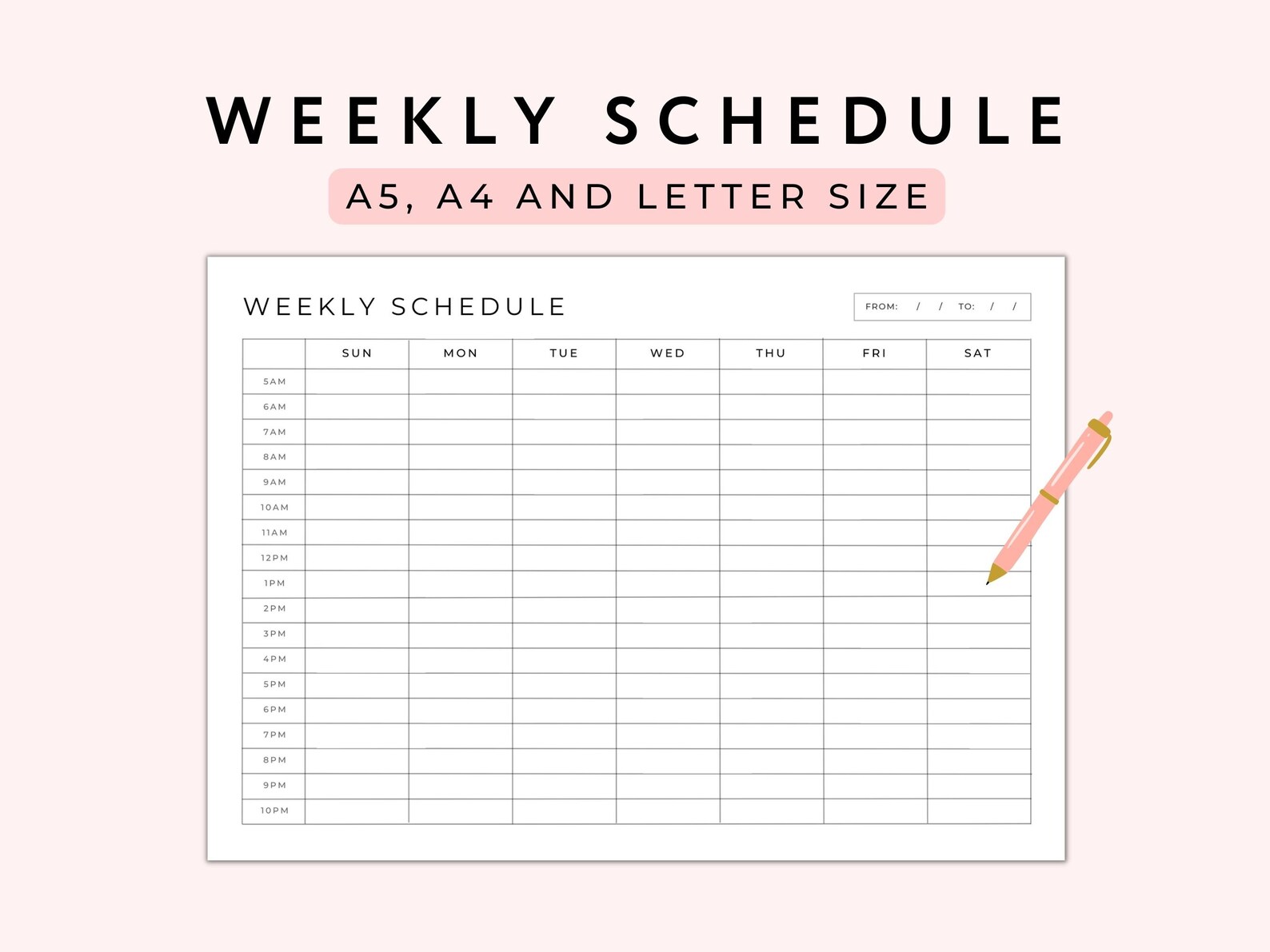 Hourly Weekly Schedule Printable Landscape, Weekly Planner Printable ...