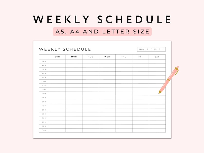 Hourly Weekly Schedule Printable Landscape, Weekly Planner Printable ...