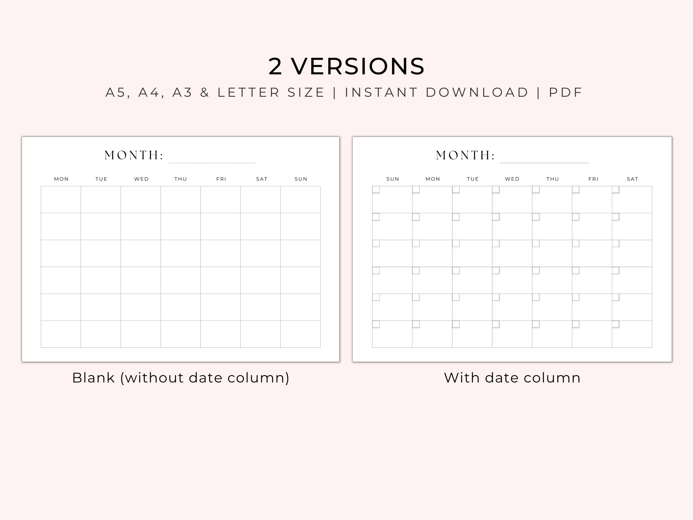 Blank Monthly Calendar Printable: Minimalist Landscape Layout (PDF) - Etsy
