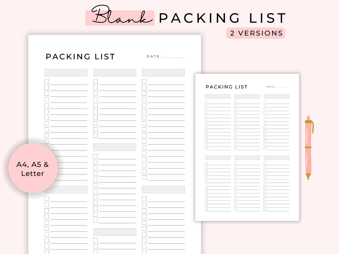 Blank Packing List Printable Packing List Template Vacation - Etsy