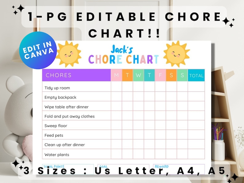 Personalized Kids Chore Chart, Children's Task Template, Editable Chore ...