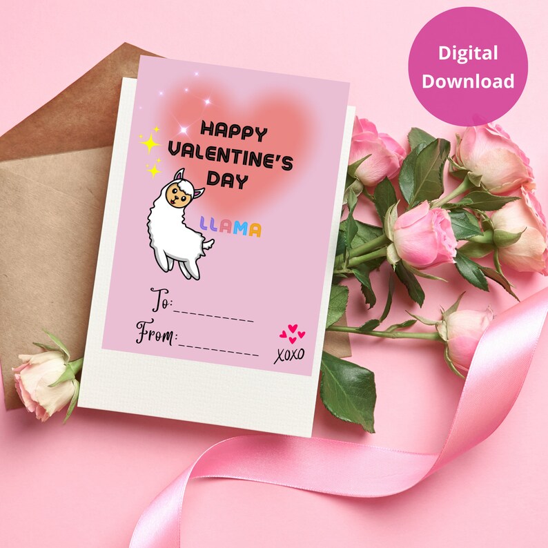 Llama Valentine's Day Pink Card / Printable Valentine Cards / Animal ...