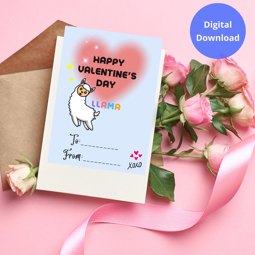 Llama Valentine's Day Blue Card / Printable Valentine Cards / Animal ...