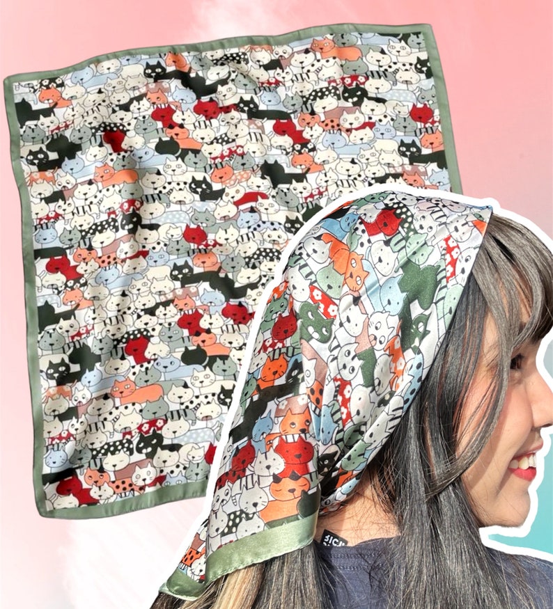 Cute Print Satin Scarf, Kawaii Woman Hair Scarf, Square Neck Scarves ...