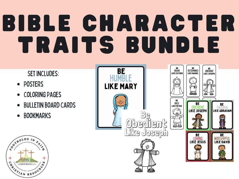 Bible Character Traits Bundle: Christian Posters, Flash Cards, Coloring ...