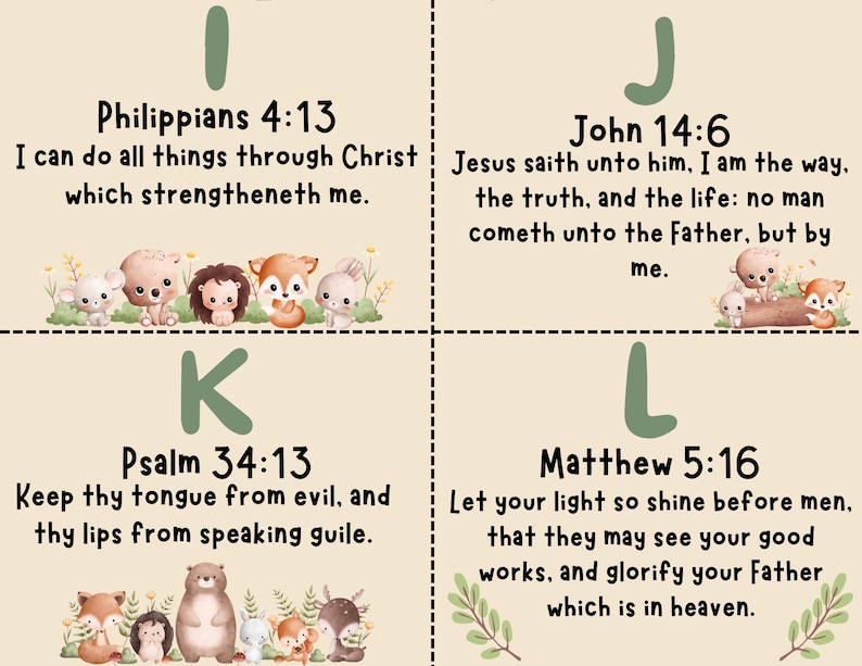 ABC Bible Verse Cards for Kids | Woodland Animal Theme | KJV Scripture ...