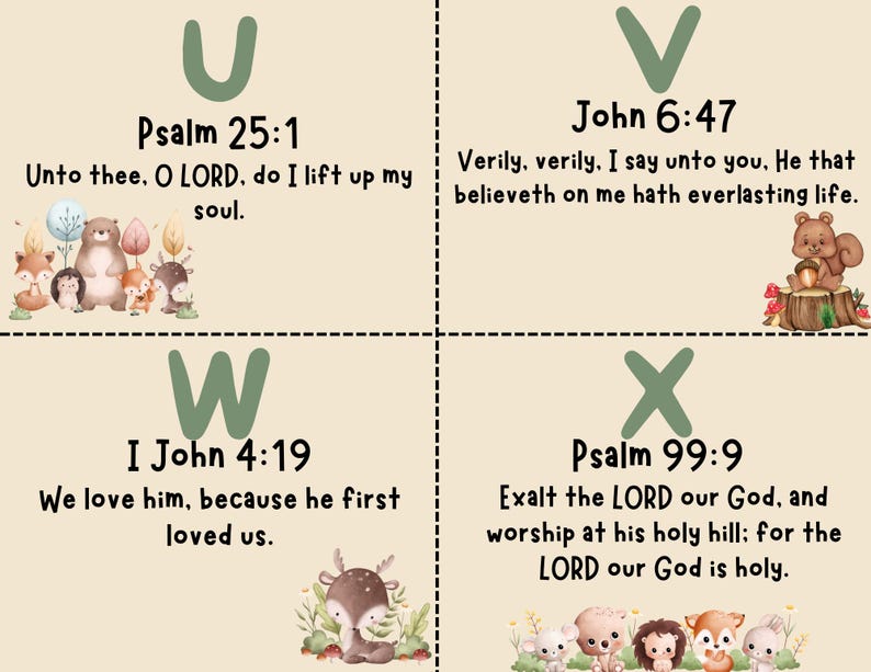 ABC Bible Verse Cards for Kids | Woodland Animal Theme | KJV Scripture ...