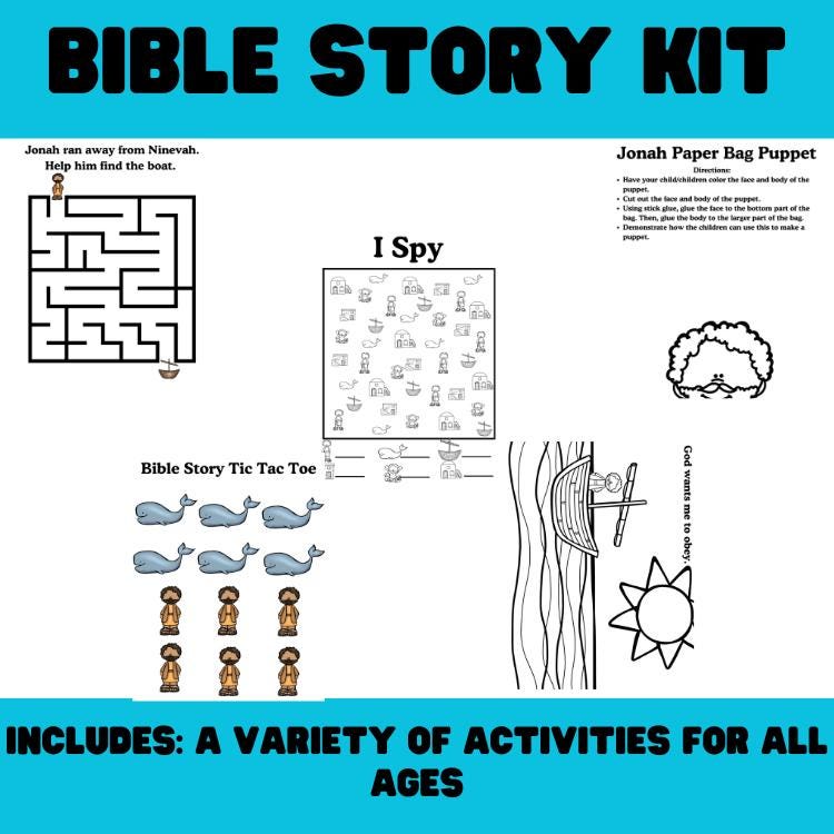 Jonah and the Whale Bible Story Kit for Kids | KJV Memory Verses, Bible ...