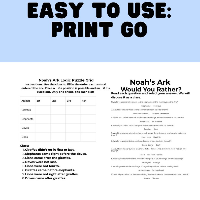 Noah's Ark Bible Activity: Logic Puzzle & Discussion Game (printable ...